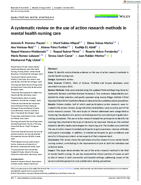 (PDF) A systematic review on the use of action research methods in mental health nursing care