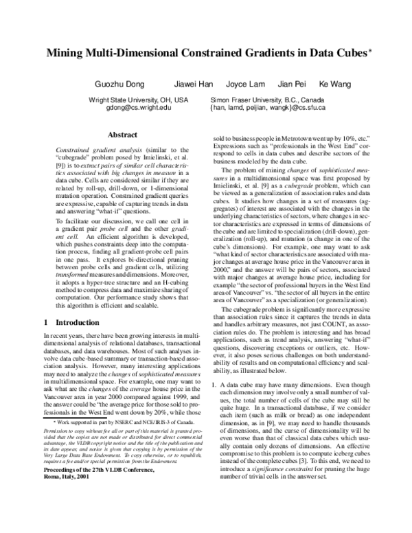 (PDF) Mining multi-dimensional constrained gradients in data cubes