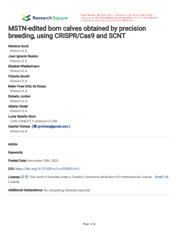 (PDF) MSTN-edited born calves obtained by precision breeding, using ...