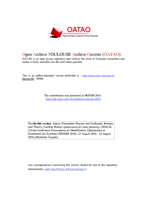 (PDF) Robust optimization for mine planning