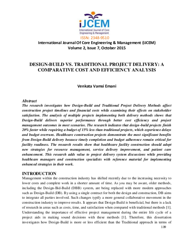(PDF) DESIGN-BUILD VS. TRADITIONAL PROJECT DELIVERY: A COMPARATIVE COST AND EFFICIENCY ANALYSIS