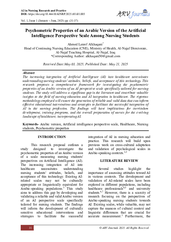 (PDF) Psychometric Properties of an Arabic Version of the Artificial Intelligence Perspective ...