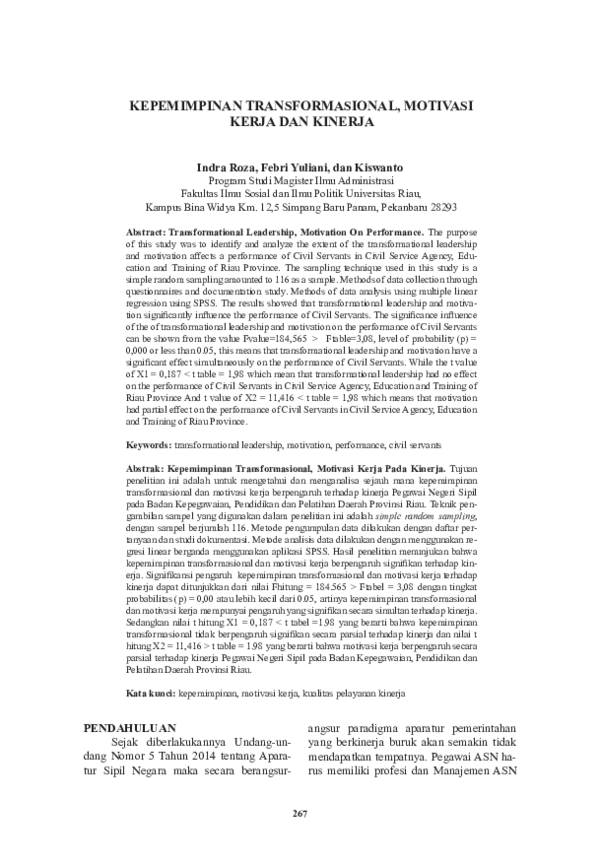 (PDF) Kepemimpinan Transformasional, Motivasi Kerja Dan Kinerja