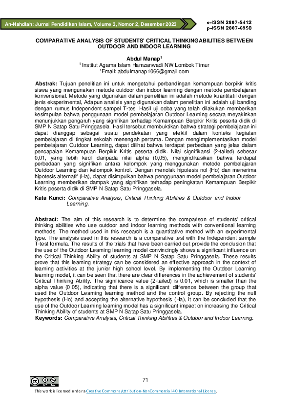 (PDF) Comparative Analysis of Students' Critical Thinking Abilities Between Outdoor and Indoor ...