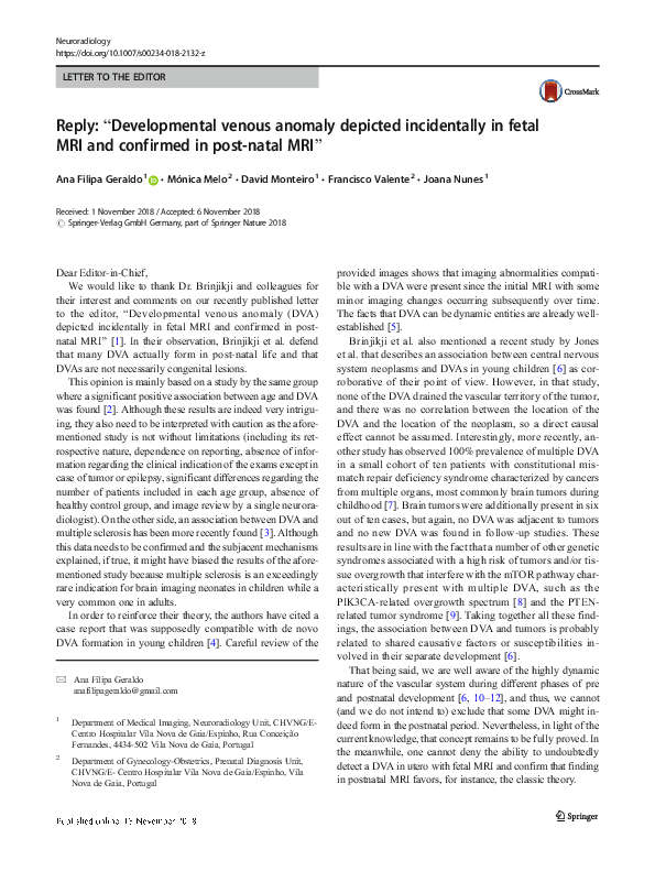 (PDF) Reply: “Developmental venous anomaly depicted incidentally in ...