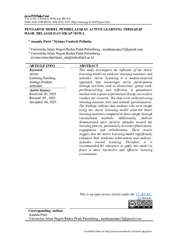 (PDF) PENGARUH MODEL PEMBELAJARAN ACTIVE LEARNING TERHADAP HASIL ...