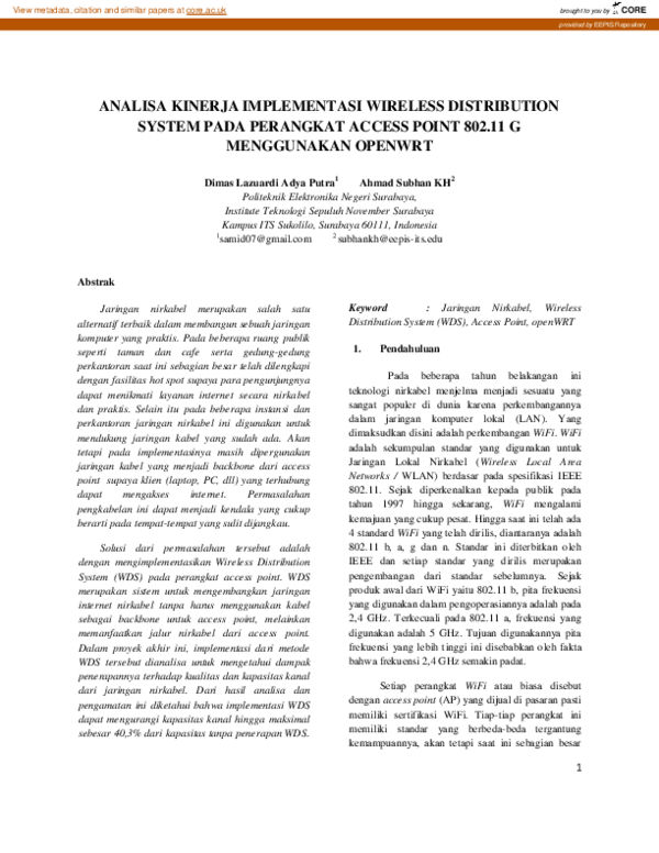 (PDF) Analisa Kinerja Implementasi Wireless Distribution System Pada Perangkat Access Point 802. ...
