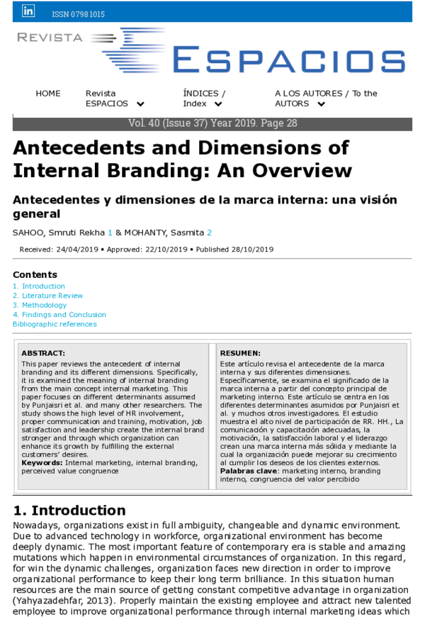 (PDF) Antecedents and Dimensions of Internal Branding. An Overview