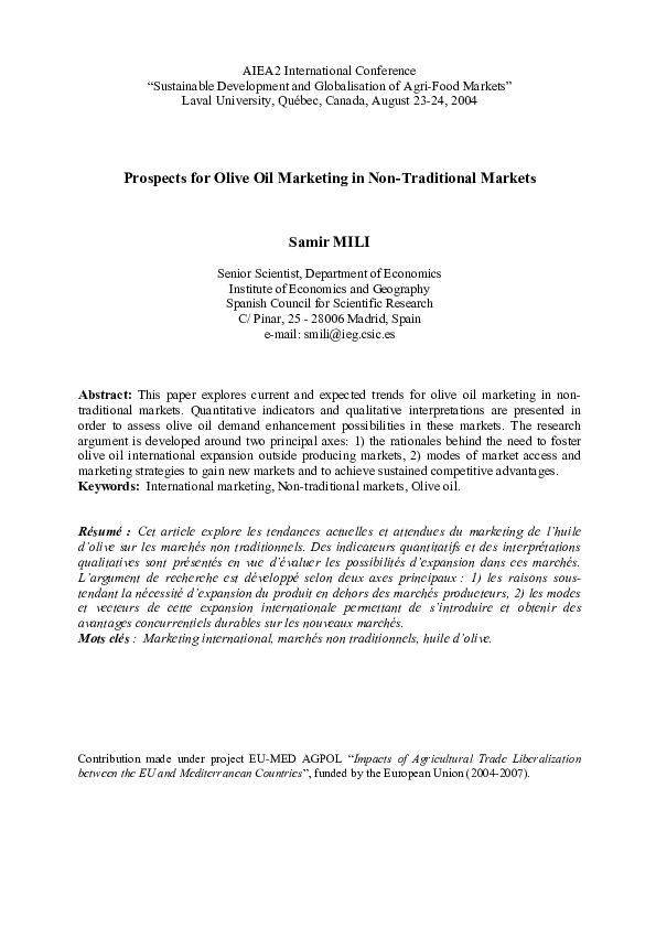 (PDF) Prospects for Olive Oil Marketing in Non-Traditional Markets