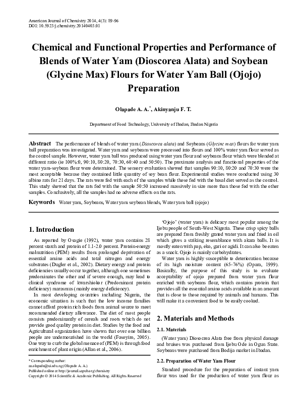 (PDF) Chemical and Functional Properties and Performance of Blends of Water Yam (Dioscorea Alata ...