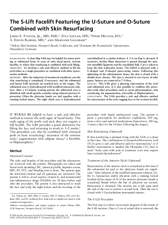(PDF) The S-Lift Facelift Featuring the U-Suture and O-Suture Combined ...