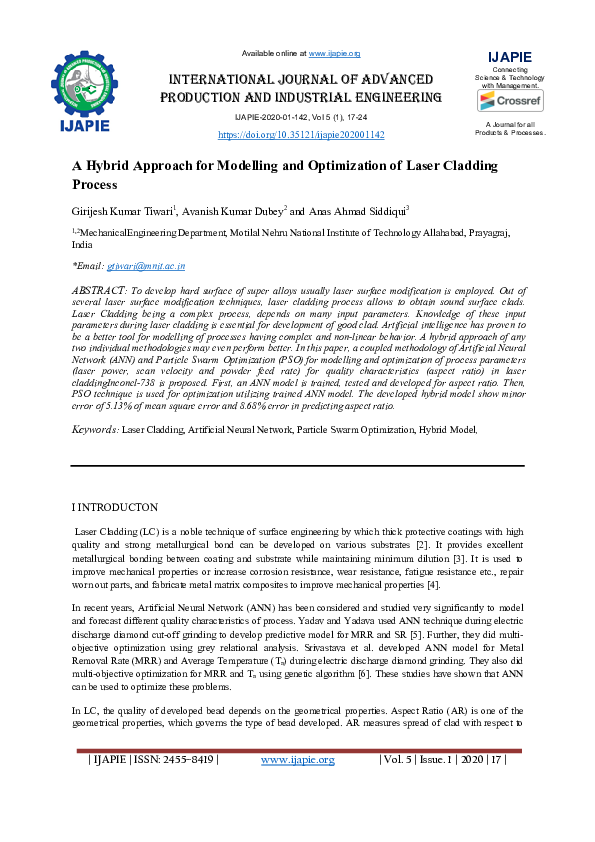 (PDF) A Hybrid Approach for Modelling and Optimization of Laser Cladding Process
