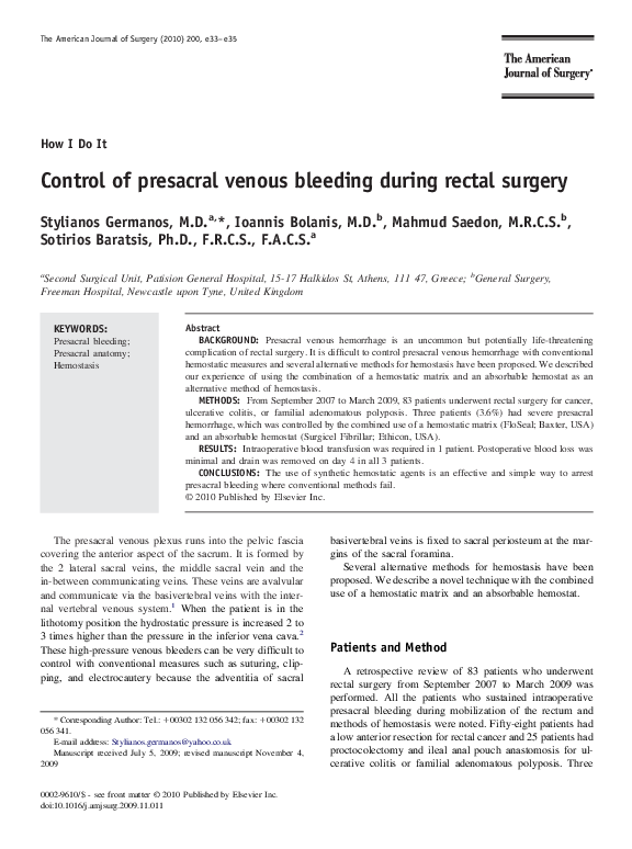 (PDF) Control of presacral venous bleeding during rectal surgery