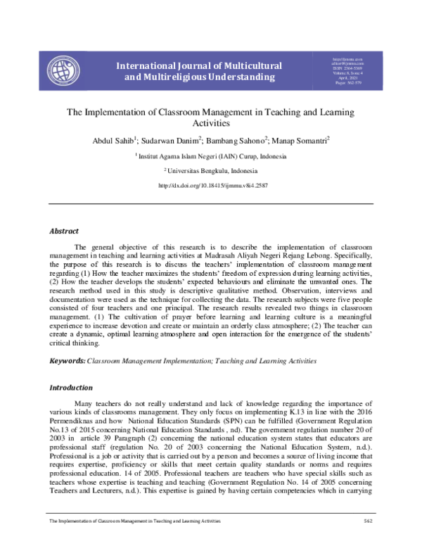 (PDF) The Implementation of Classroom Management in Teaching and ...