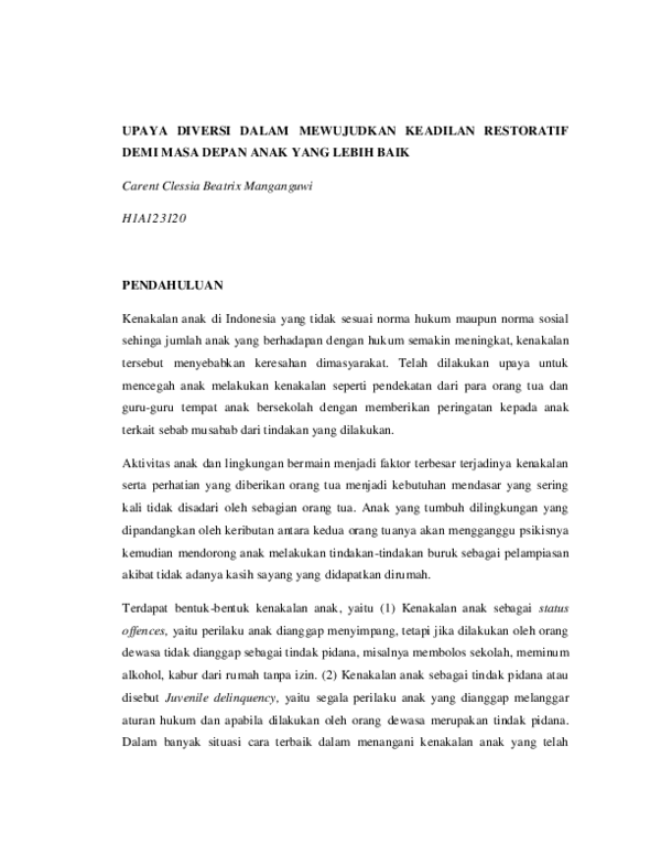 (PDF) UPAYA DIVERSI DALAM MEWUJUDKAN KEADILAN RESTORATIF DEMI MASA DEPAN ANAK YANG LEBIH BAIK