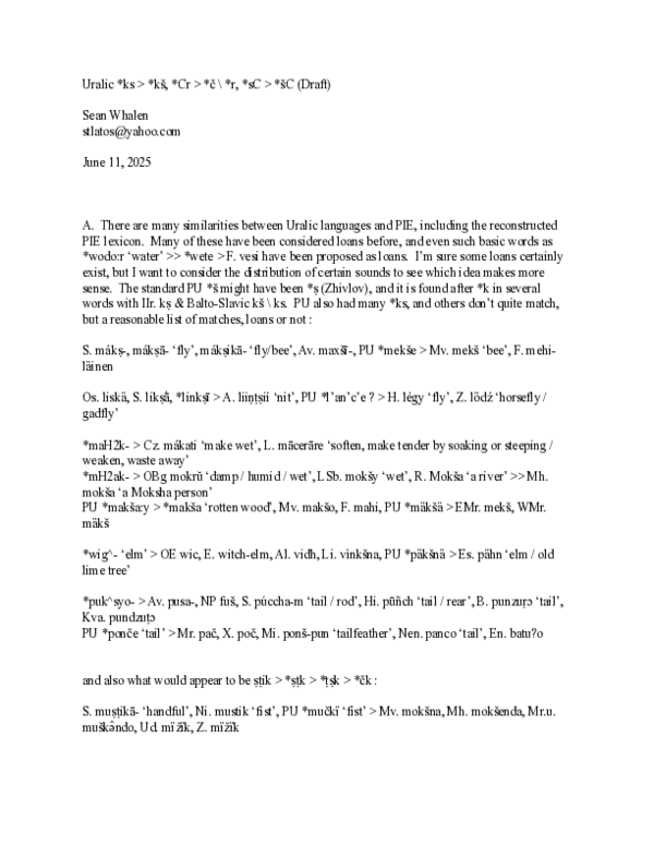(PDF) Uralic *ks > *kš, *Cr > *č \ *r, *sC > *šC (Draft)