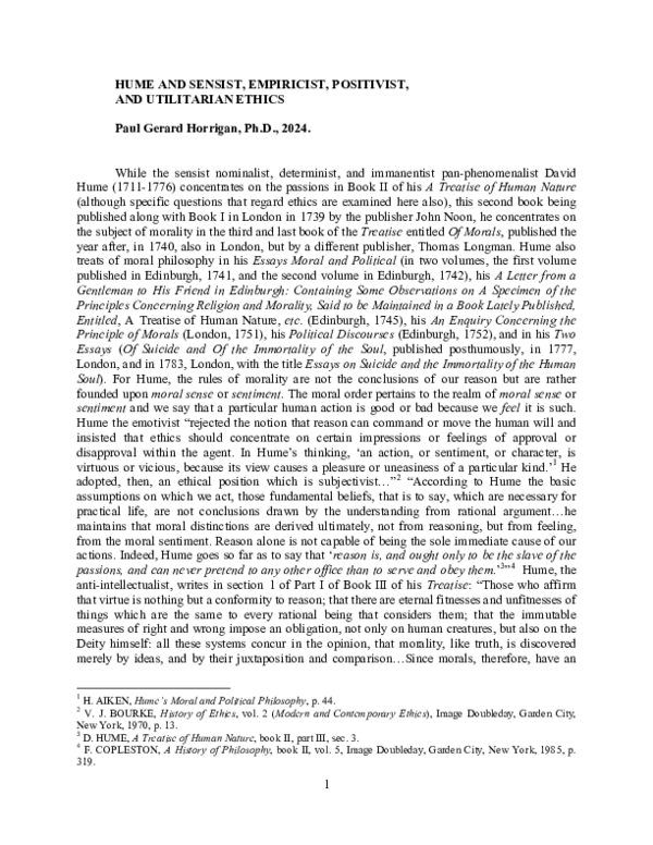 (PDF) Hume and Sensist, Empiricist, Positivist, and Utilitarian Ethics