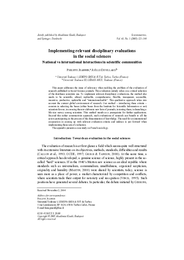 (PDF) Implementing relevant disciplinary evaluations in the social sciences