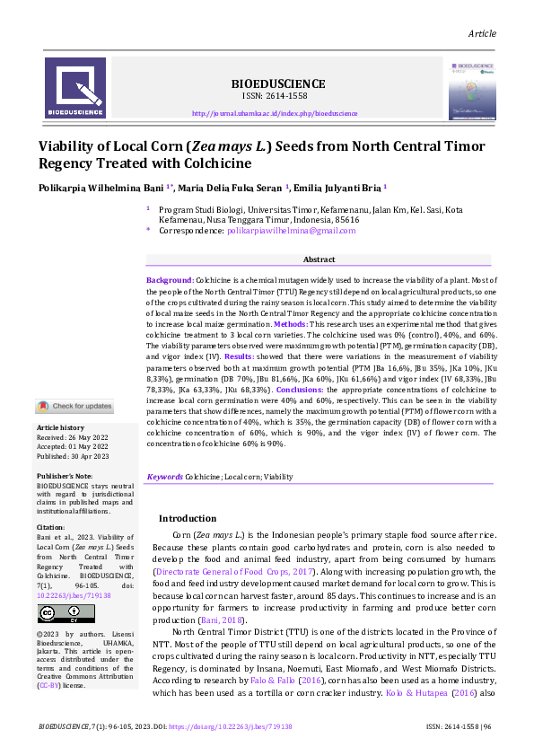 (PDF) Viabilitas Benih Jagung Lokal (Zea mays L.) Kabupaten Timor ...