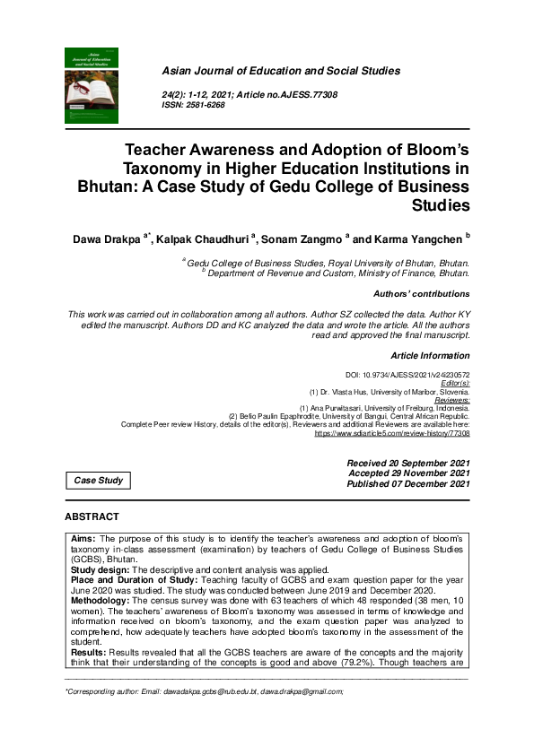 (PDF) Teacher Awareness and Adoption of Bloom’s Taxonomy in Higher Education Institutions in ...