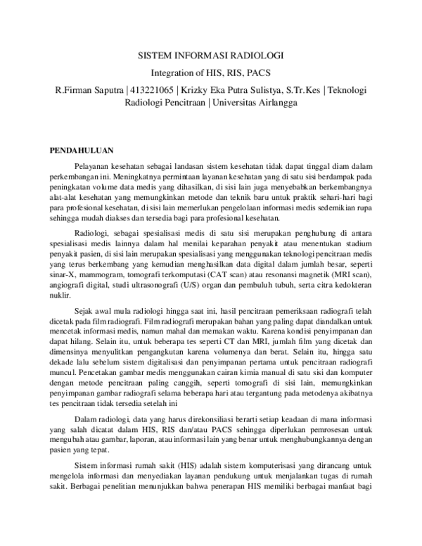 (PDF) SISTEM INFORMASI RADIOLOGI INTEGRASI TERHADAP HIS , RIS DAN PACS DALAM PELAYANAN PASIEN DI ...