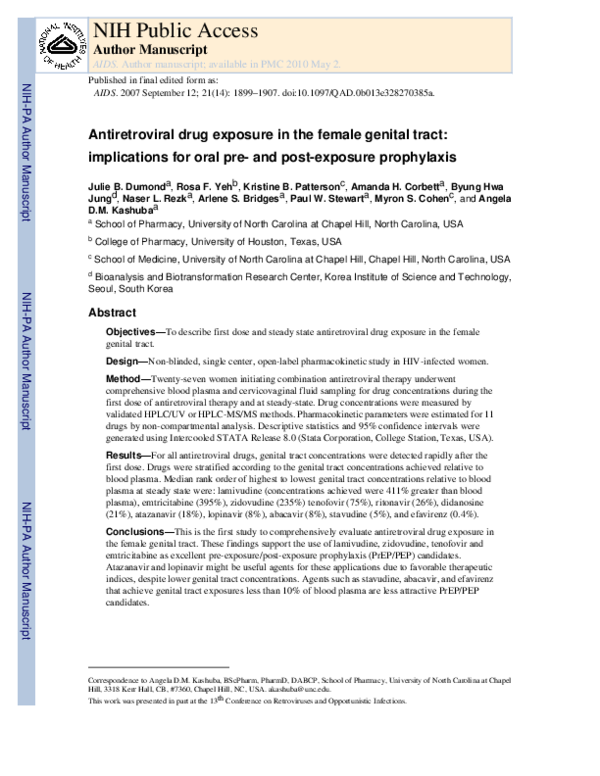 (PDF) Antiretroviral drug exposure in the female genital tract ...