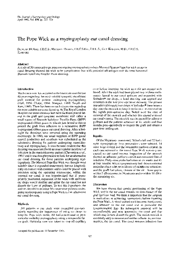(PDF) The Pope Wick as a myringoplasty ear canal dressing