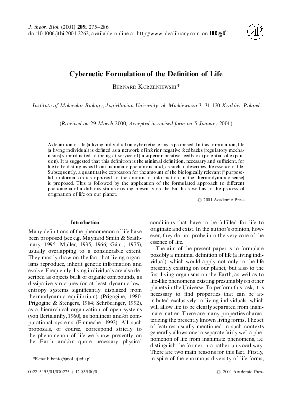 (PDF) Cybernetic Formulation of the Definition of Life