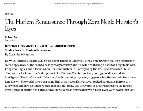 (PDF) The Harlem Renaissance Through Zora Neale Hurston’s Eyes