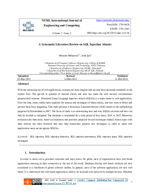 (PDF) A Systematic Literature Review on SQL Injection Attacks