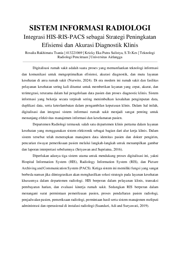 (PDF) Integrasi HIS-RIS-PACS sebagai Strategi Peningkatan Efisiensi dan Akurasi Diagnostik Klinis