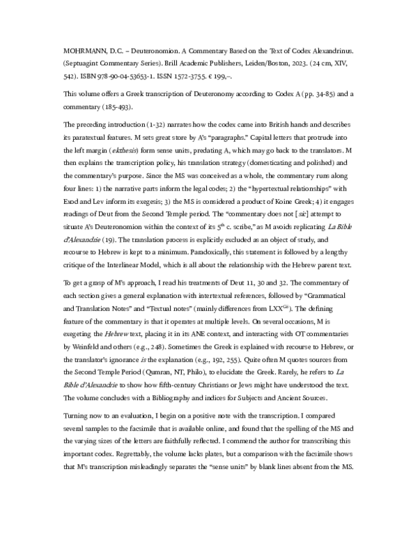 (PDF) Review of D. Mohrman, Deuteronomion (Preprint version)