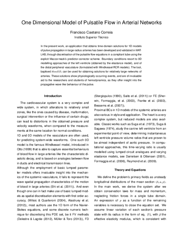 (PDF) One Dimensional Model of Pulsatile Flow in Arterial Networks