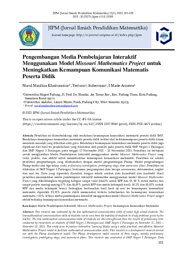 (PDF) Pengembangan Media Pembelajaran Interaktif Menggunakan Model Missouri Mathematics Project ...