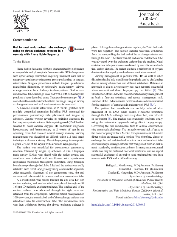 (PDF) Oral to nasal endotracheal tube exchange using an airway exchange ...