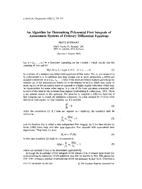 (PDF) An algorithm for determining polynomial first integrals of autonomous systems of ordinary ...
