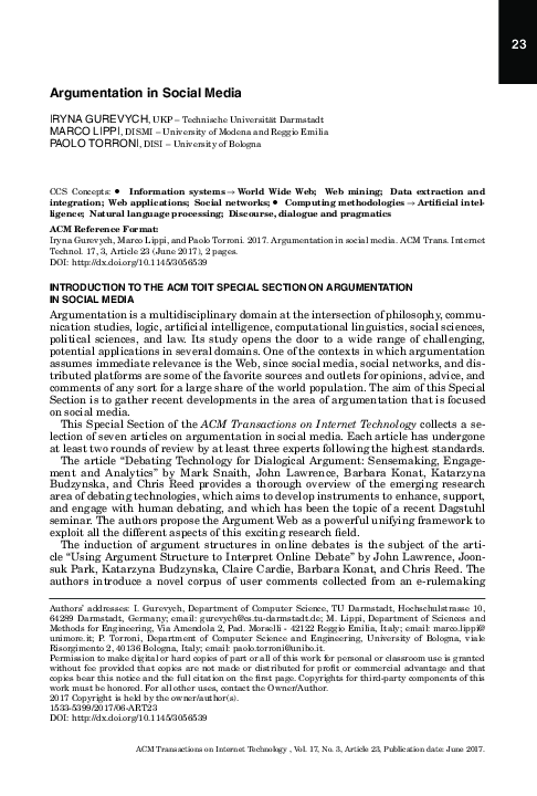 (PDF) Argumentation in Social Media