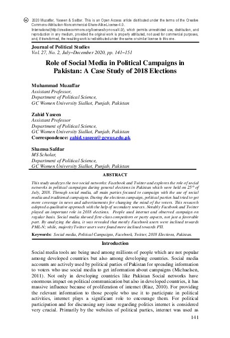 (PDF) Role of Social Media in Political Campaigns in Pakistan: A Case Study of 2018 Elections