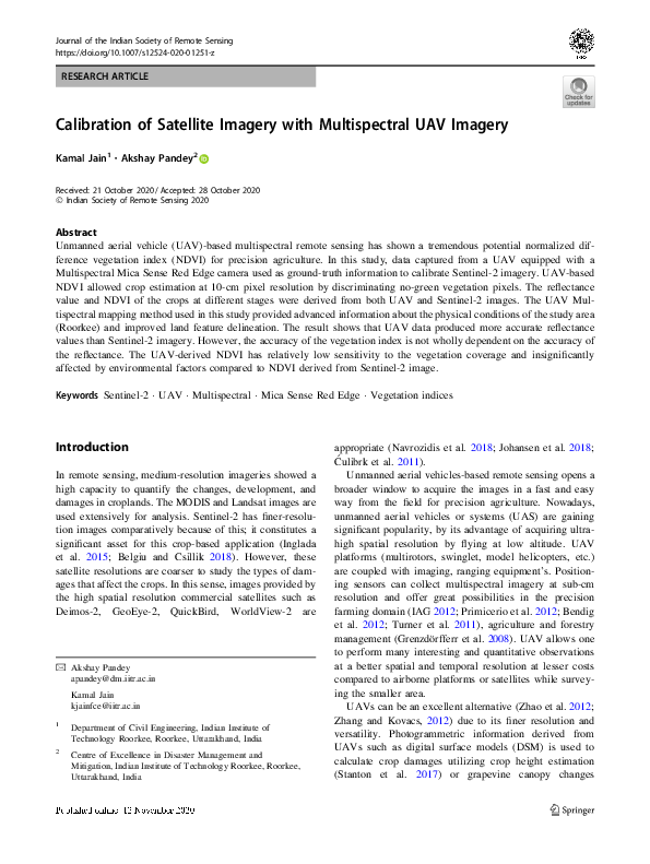 (PDF) Calibration of Satellite Imagery with Multispectral UAV Imagery