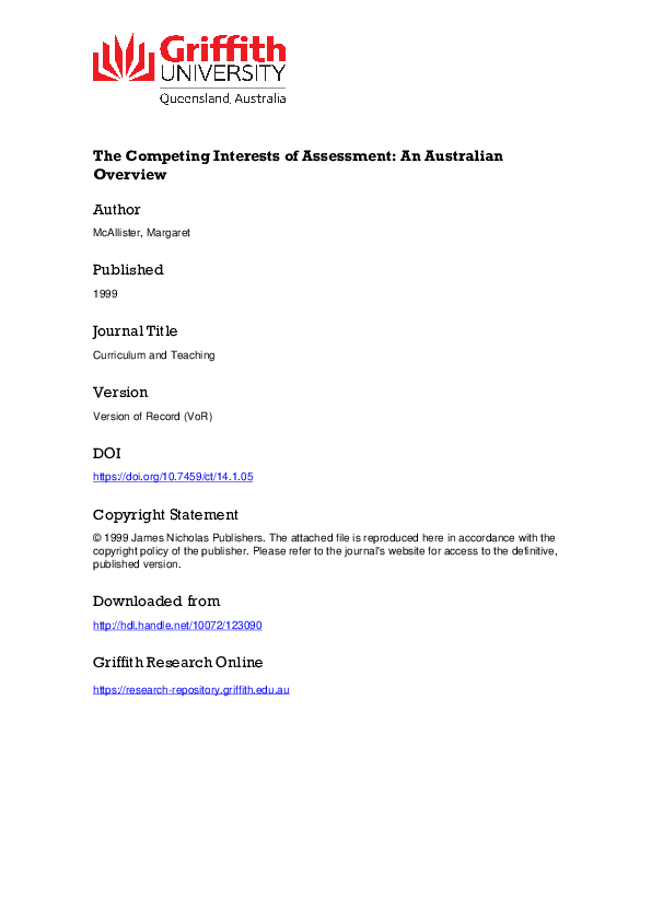 (PDF) The Competing Interests of Assessment: An Australian Overview