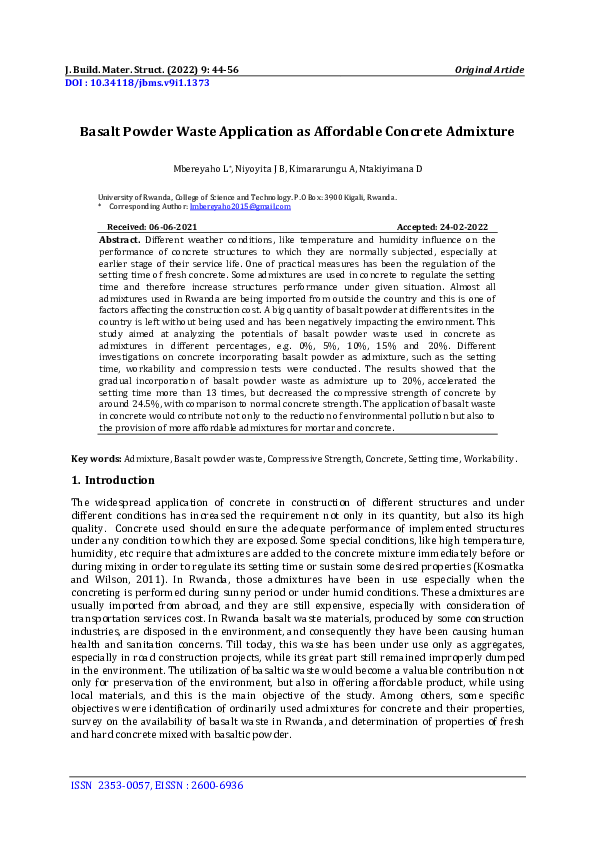 (PDF) Basalt Powder Waste Application as Affordable Concrete Admixture