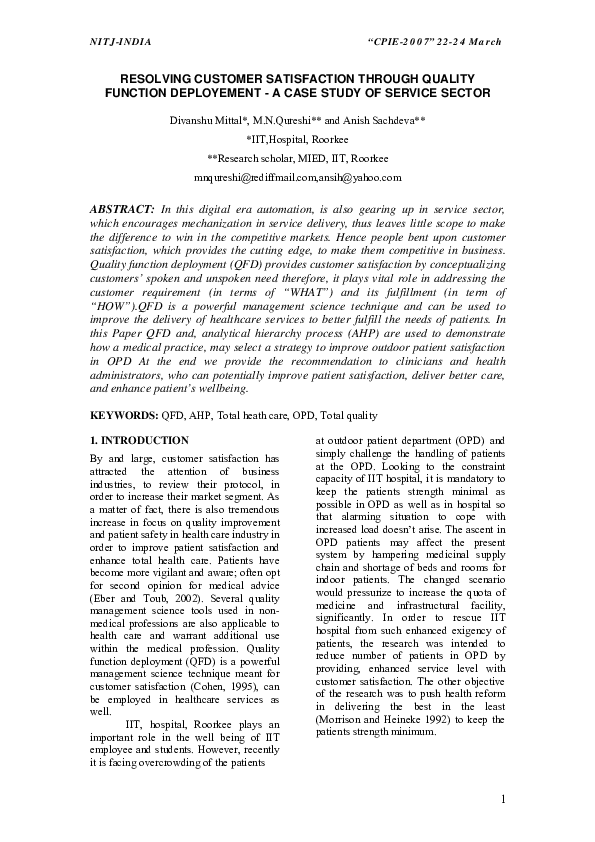 (PDF) RESOLVING CUSTOMER SATISFACTION THROUGH QUALITY FUNCTION ...