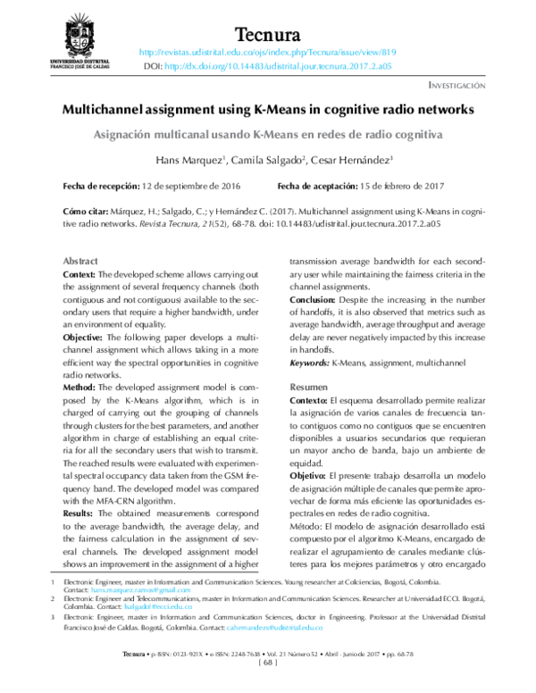 (PDF) Multichannel assignment using K-Means in cognitive radio networks