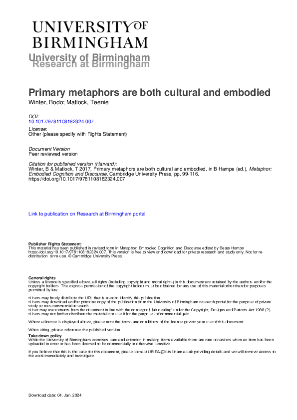 (PDF) Primary Metaphors Are Both Cultural and Embodied