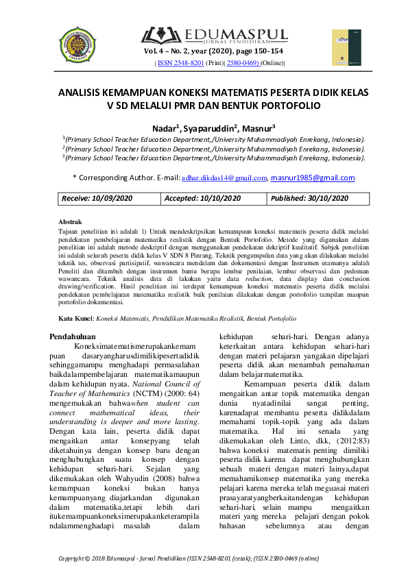 (PDF) Analisis Kemampuan Koneksi Matematis Peserta didik Kelas V SD ...