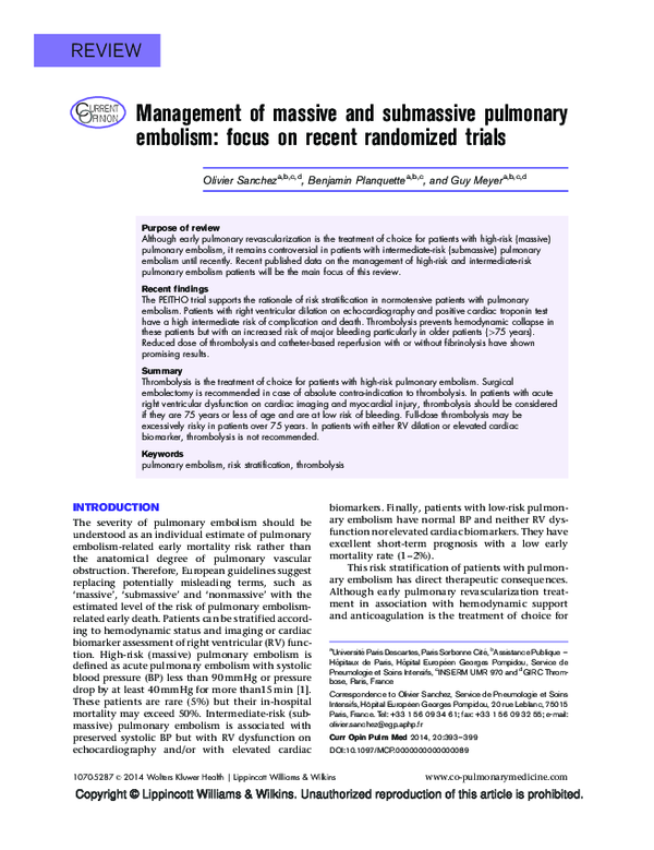 (PDF) Management of Massive and Submassive Pulmonary Embolism