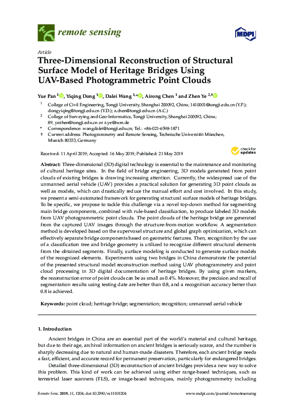 (PDF) Three-Dimensional Reconstruction of Structural Surface Model of Heritage Bridges Using UAV ...