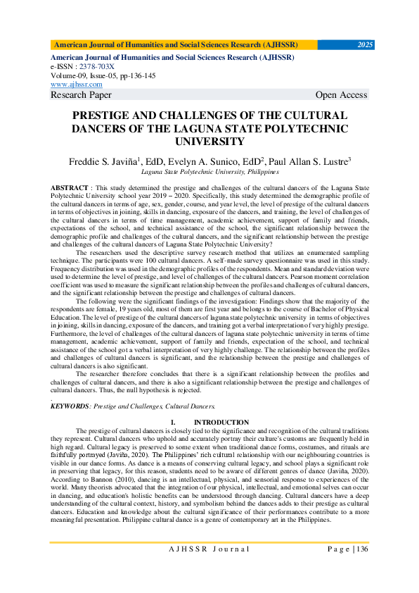 (PDF) PRESTIGE AND CHALLENGES OF THE CULTURAL DANCERS OF THE LAGUNA STATE POLYTECHNIC UNIVERSITY