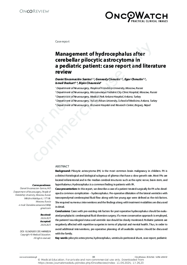(PDF) management of hydrocephalus after cerebellar pilocytic astrocytoma in a pediatric patient ...