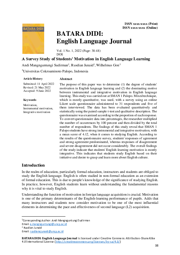 (PDF) A Survey Study of Students’ Motivation in English Language Learning